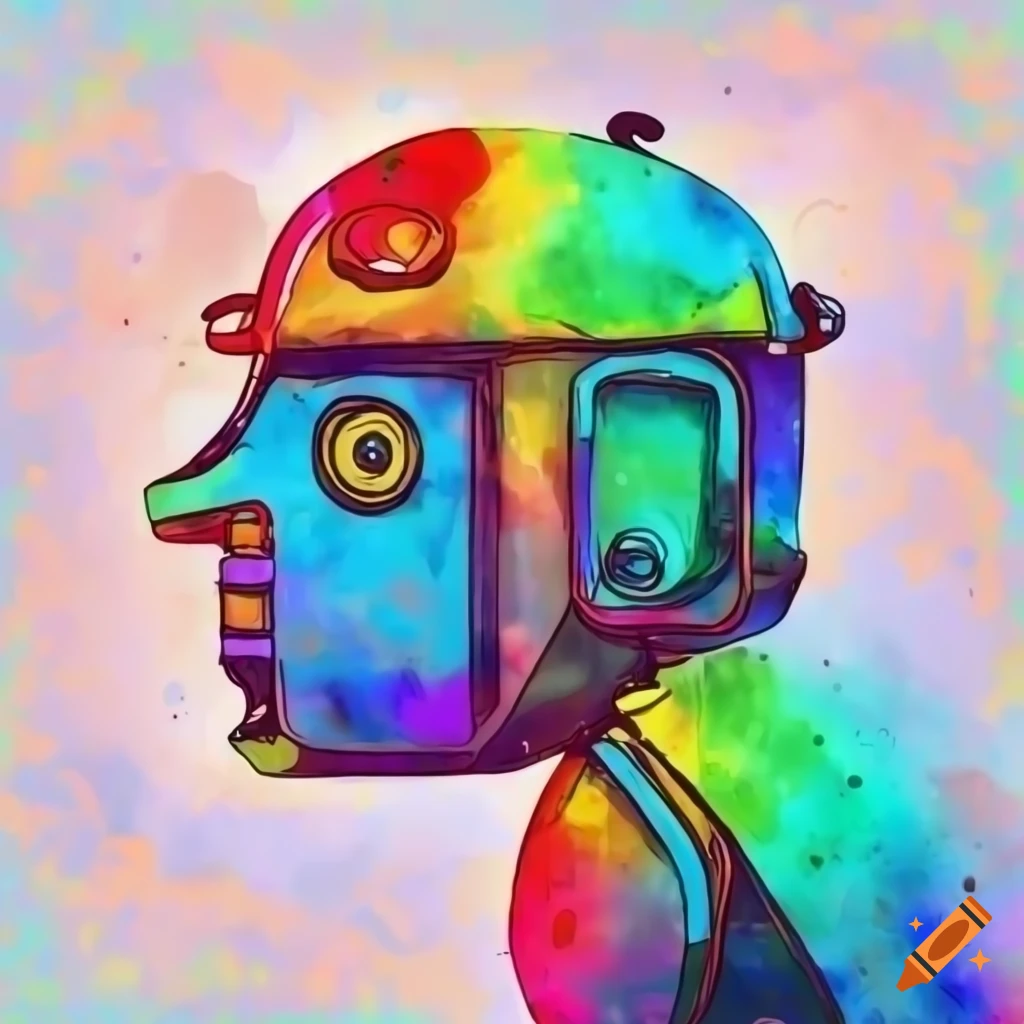 Sleek ink line drawing of rainbow coloured robot with jukebox head ...