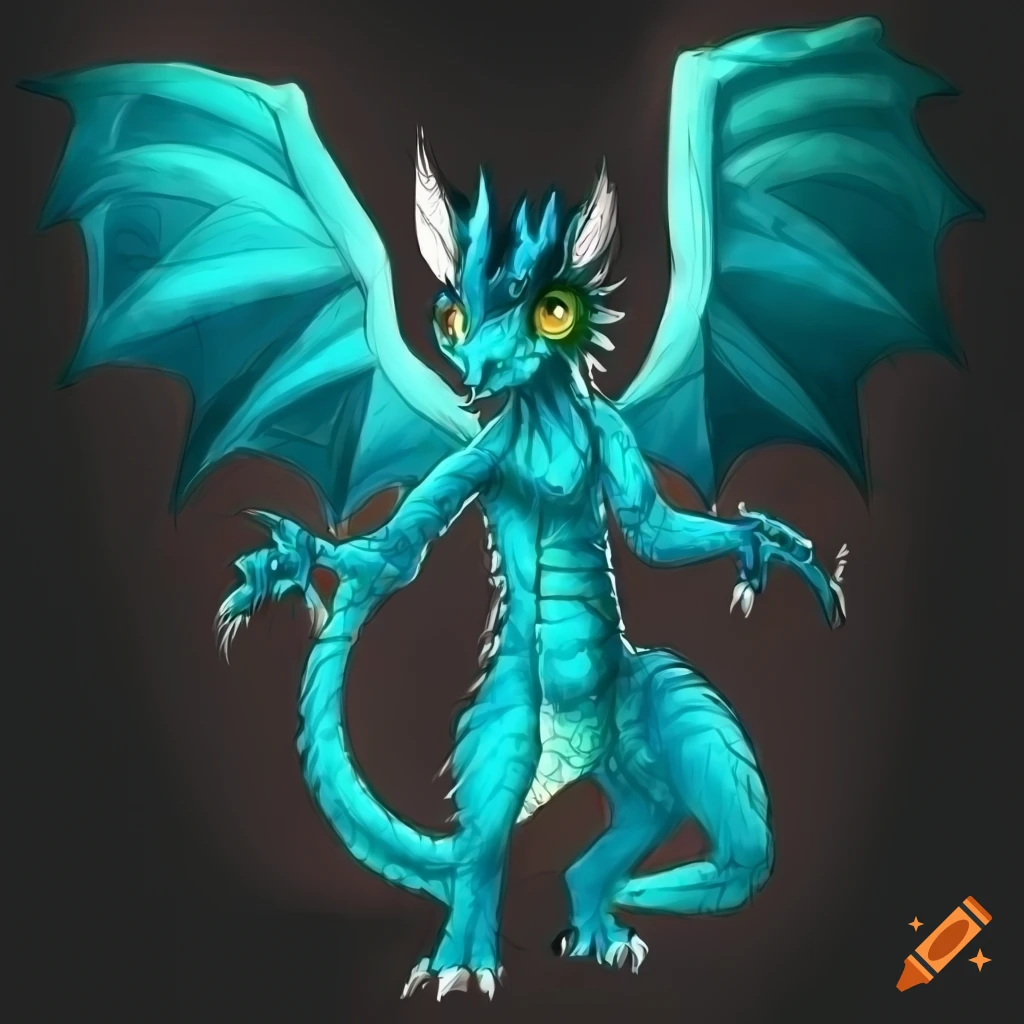 Drawing of an anthro cyan dragon with turquoise wings and black spikes ...