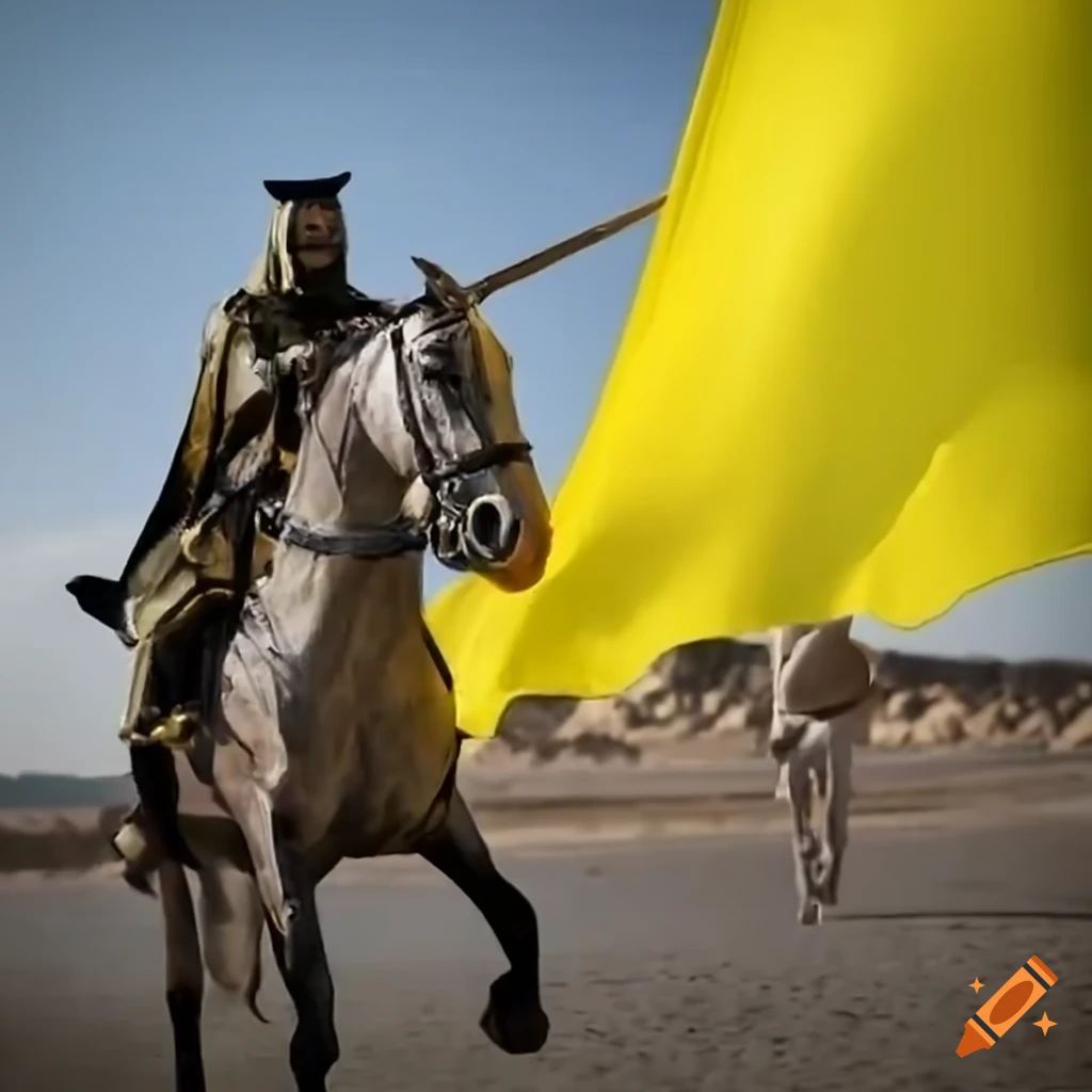 An arab knight riding a horse and holding a yellow flag on Craiyon