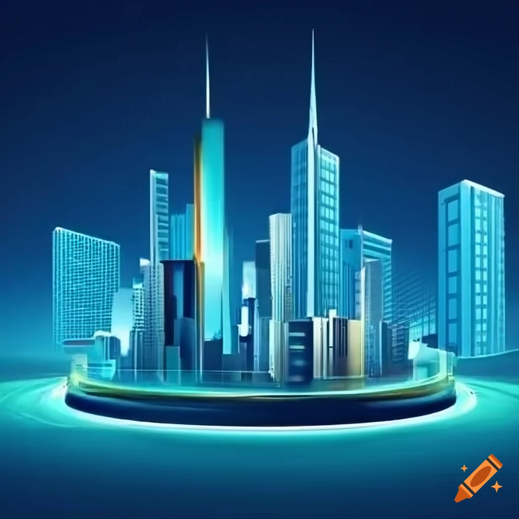 Futuristic shape city skyline with colorful lights streets cyan on Craiyon