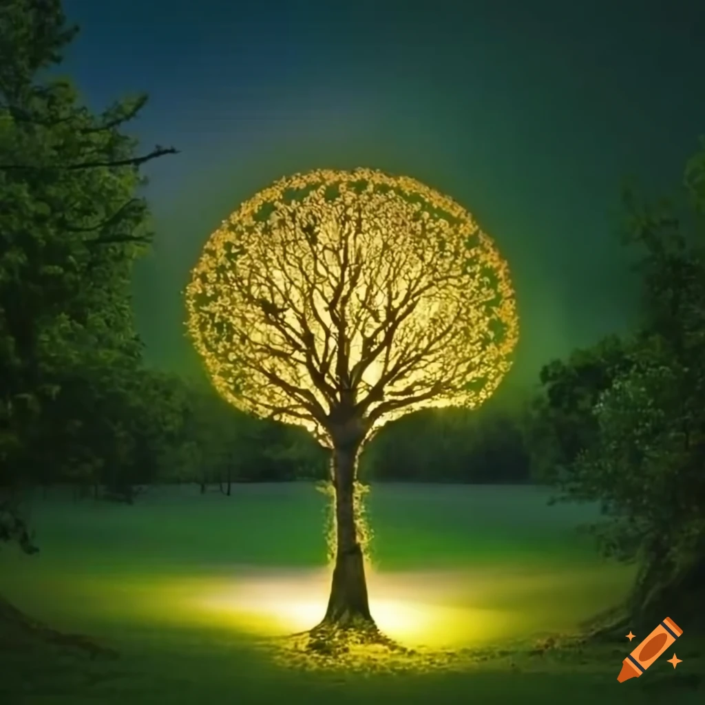 A bright luminous tree of life stands amidst lush orchard on Craiyon