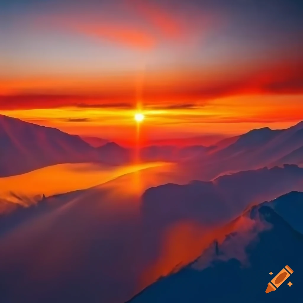 A scenic sunrise with red and orange hues over the mountains on Craiyon