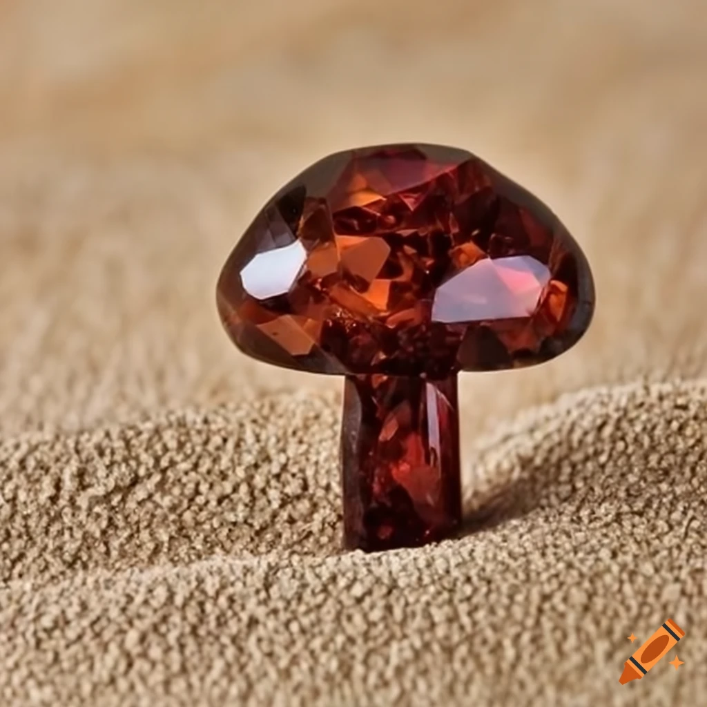 Mushroom made of garnet crystal gem on sand
