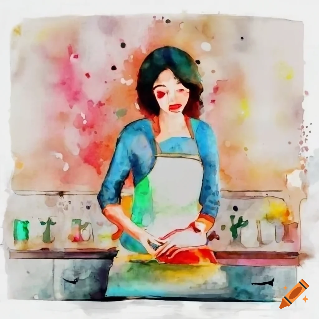 A modern illustration of a woman cooking in the kitchen