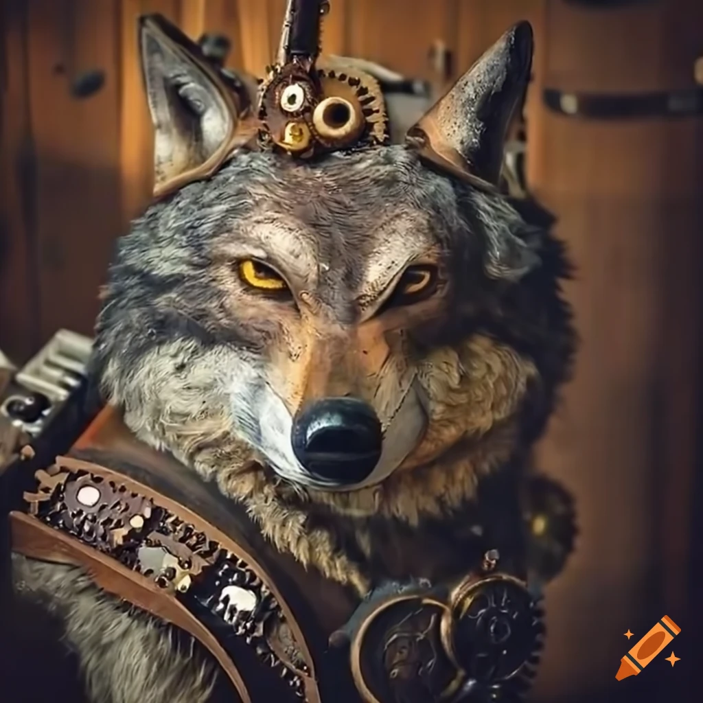 A steampunk wolf standing in a workshop with gadgets