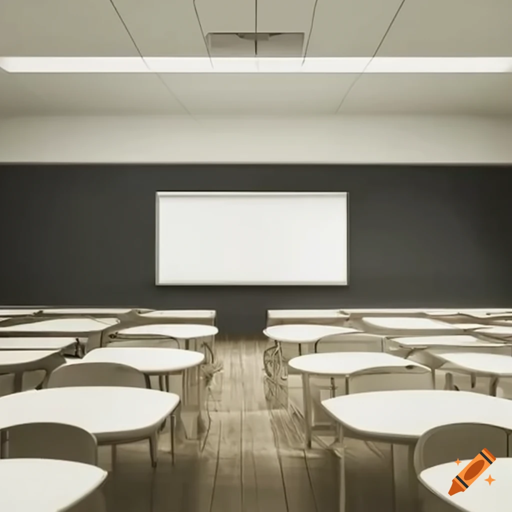 Well-lit modern classroom with large windows and video projector on Craiyon