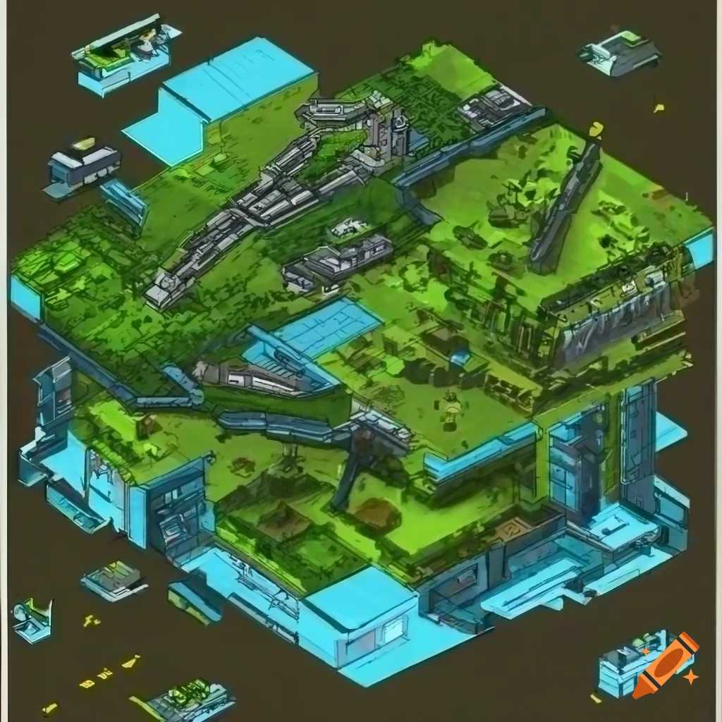 Philosophical sci-fi war-gaming map, isometric perspective