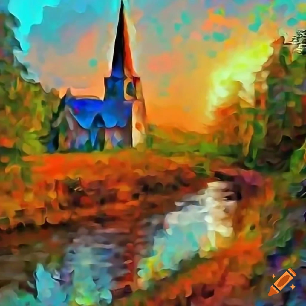 Church on top of the hill looking down to a river trees in colorful ...