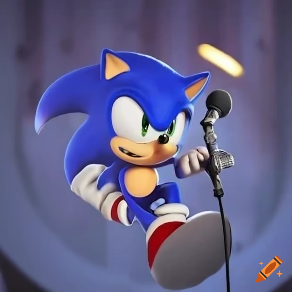 Sonic the hedgehog rocking the stage with a microphone on Craiyon