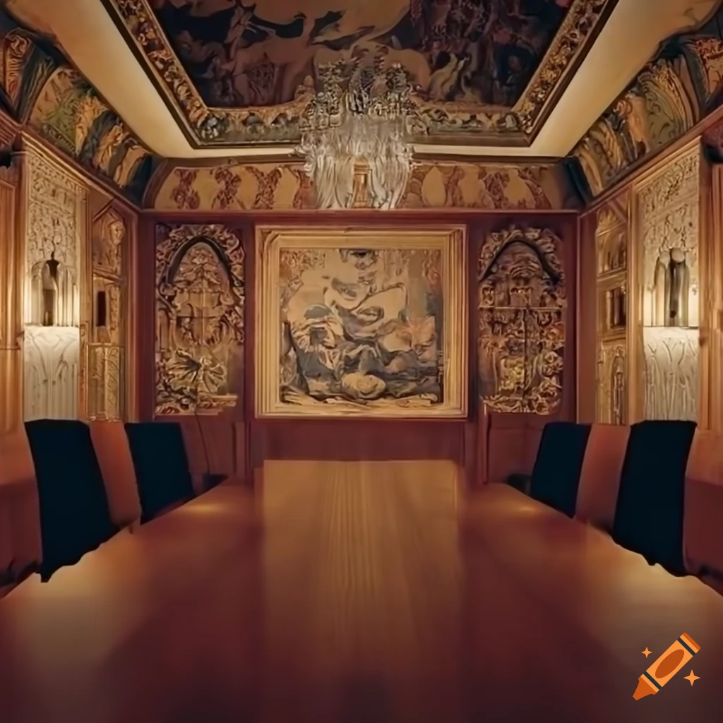 A medieval tapestry on the wall of a boardroom, conference room ...