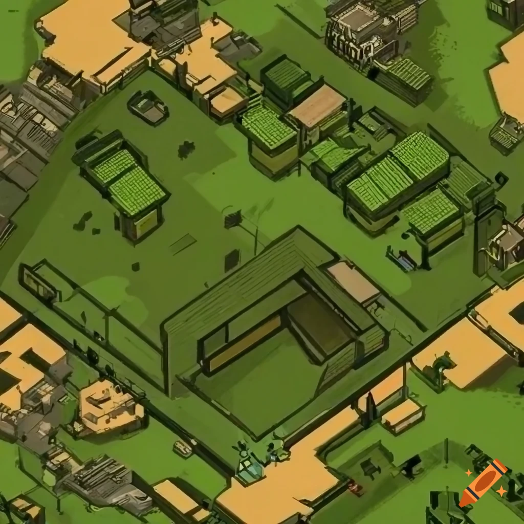 Philosophical sci-fi war-gaming map, isometric perspective