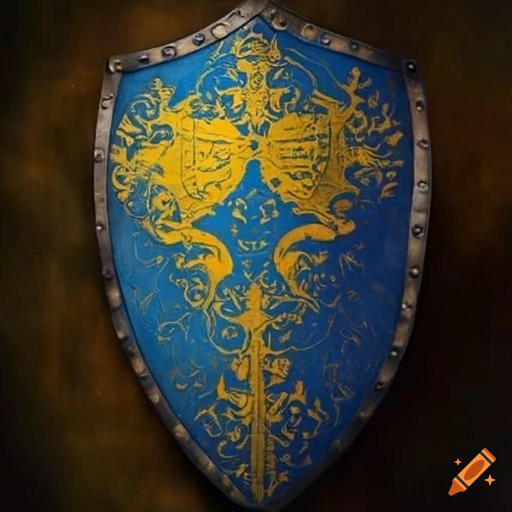 A fantasy shield with yellow and blue cover depicting medieval kingdom