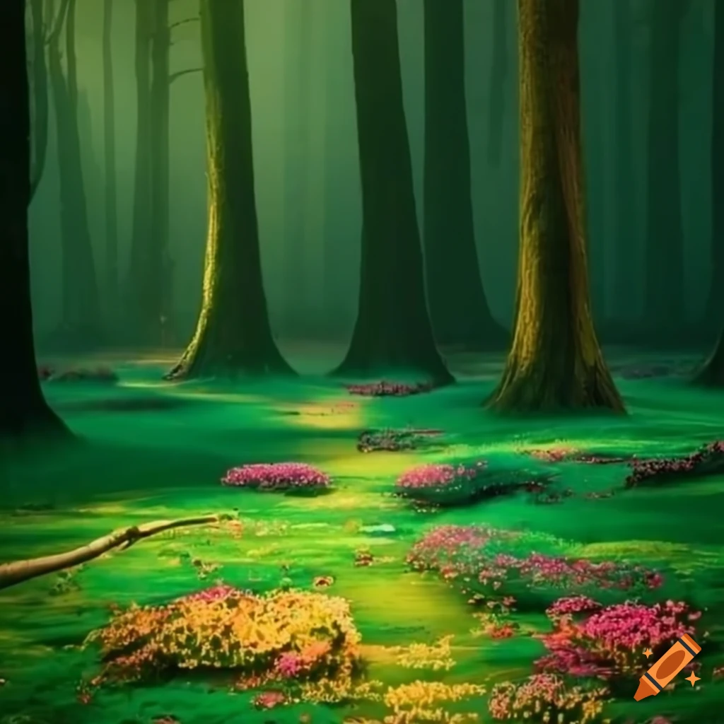 A magical forest with a lot of flowers and large trees, and little light