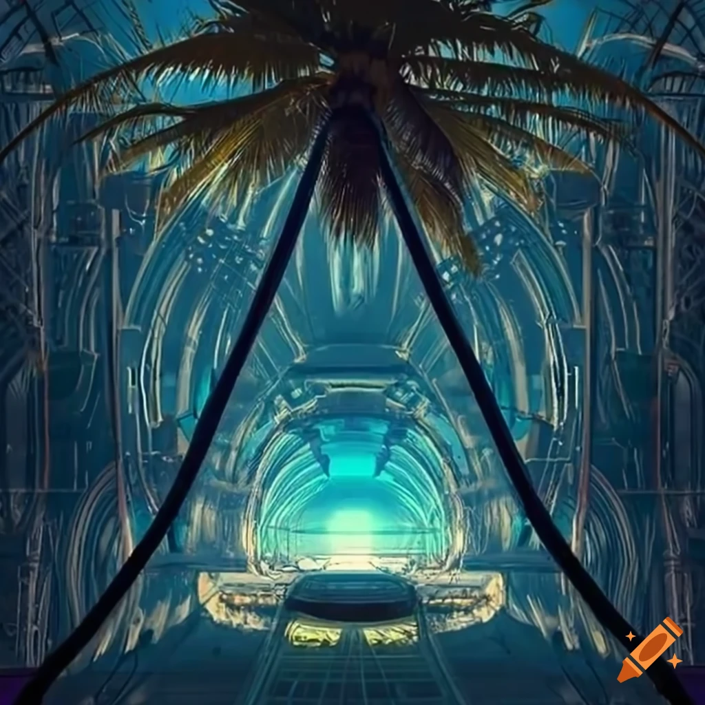 Mechanical looking palm tree in a futuristic setting