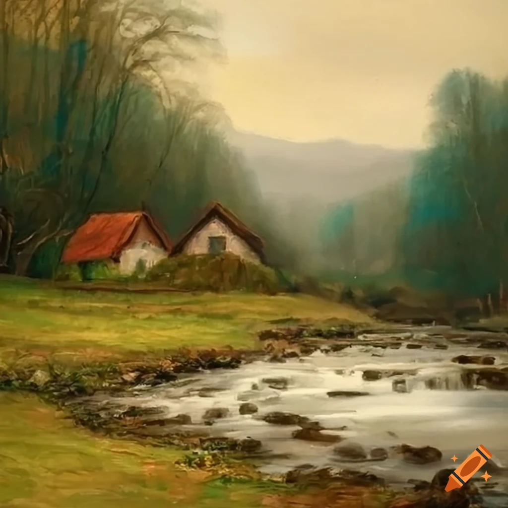 Landscape painting with stream and cottage