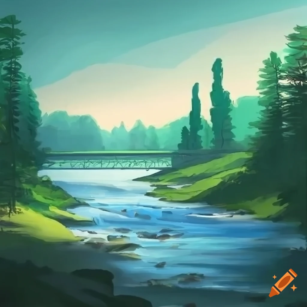Draw a high reselusion landscape, with a river flowing, and a modern ...