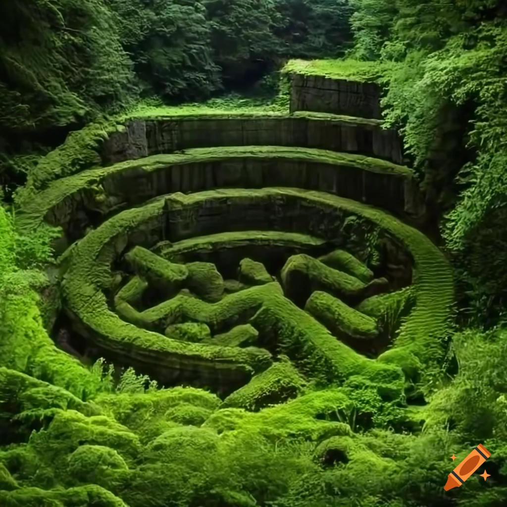 A giant castle ruin maze. made of a dark stone. overgrown with many ...