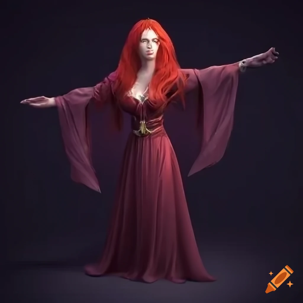 Female wizard, red hair, green eyes, full body, casting a spell, hands ...