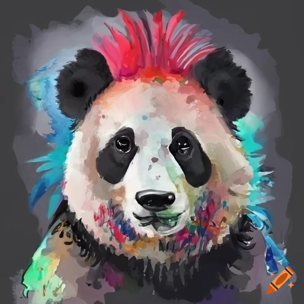 Punky panda with mohawk, spike collar in watercolor style on Craiyon