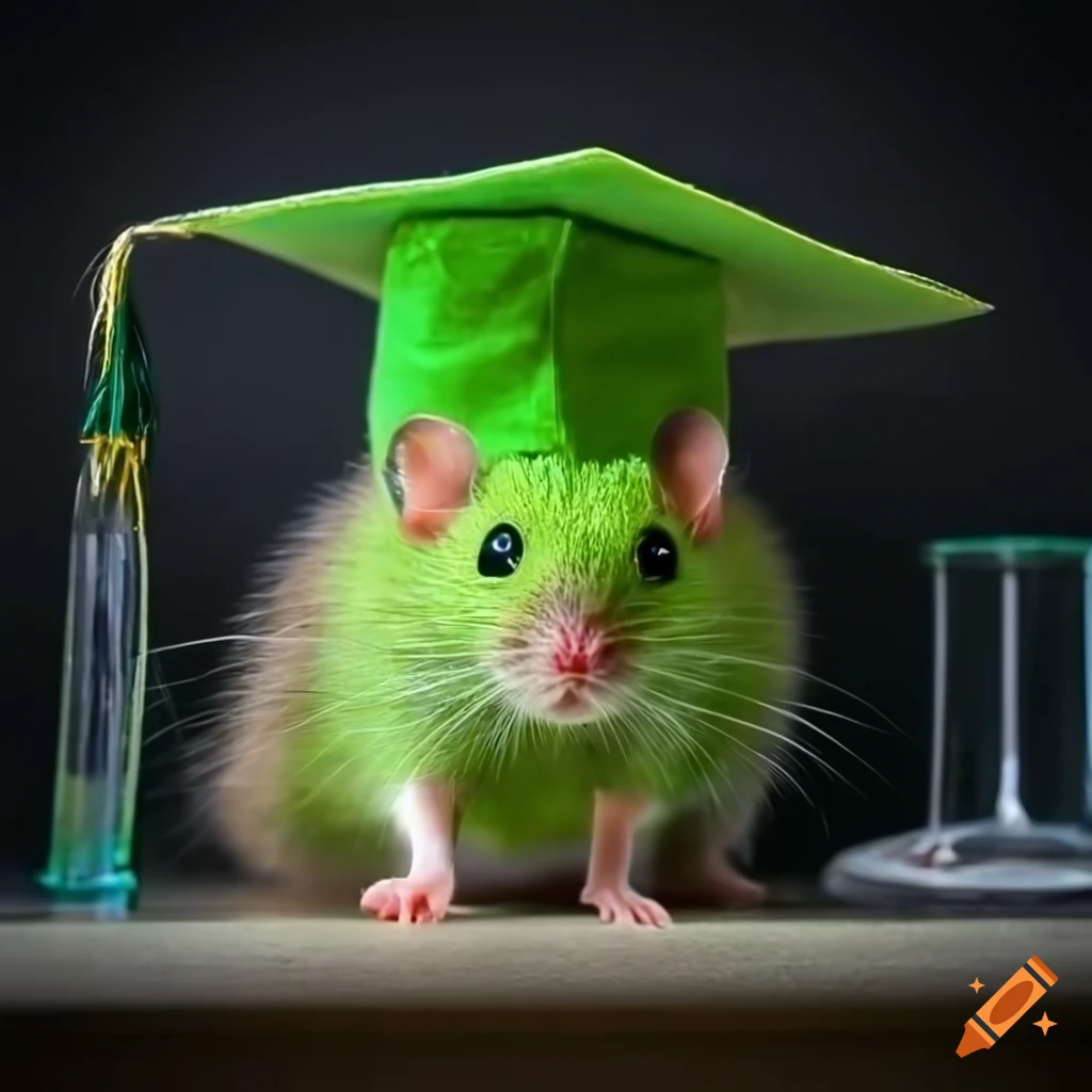 A green mouse wearing a graduation hat with laboratory glassware background