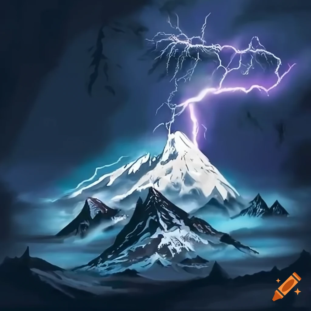 Lightning striking a snowy mountain in norse mythology style on Craiyon