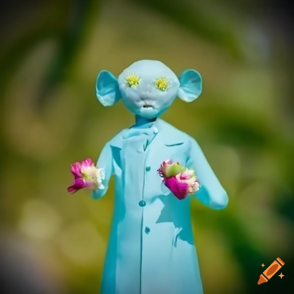 A humanoid cactus wearing a lab coat with flower buds coming out of his ...