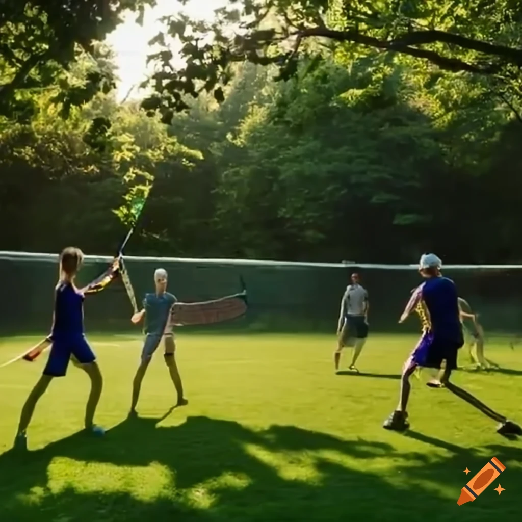 People playing badminton outdoors in a garden on Craiyon