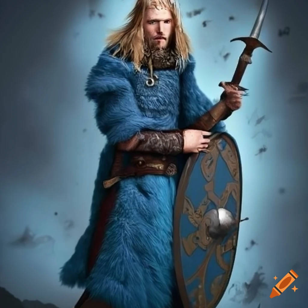 A blonde male viking with broadsword and shield in blue furry coat