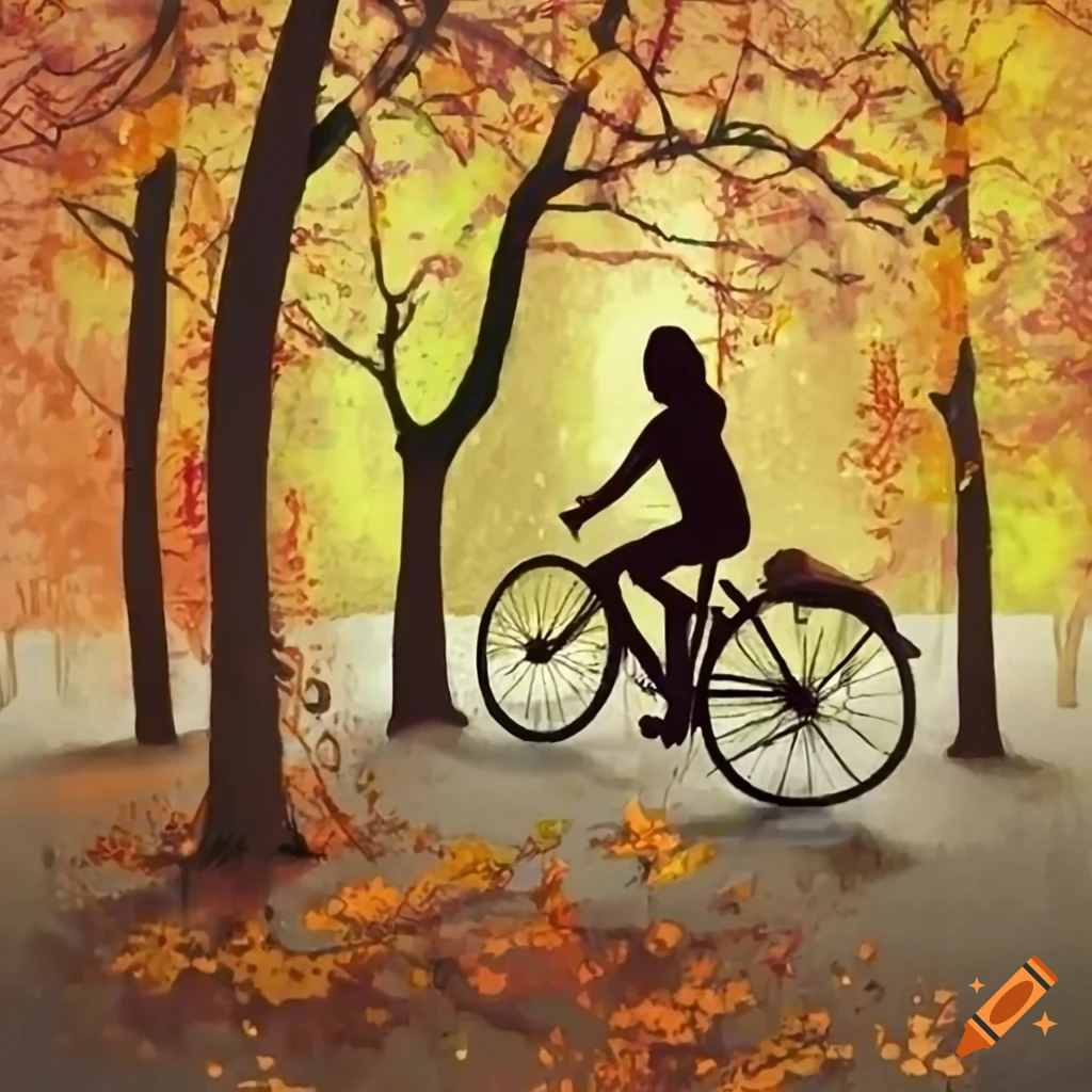 A modern illustration of a couple riding bicycle in the fall