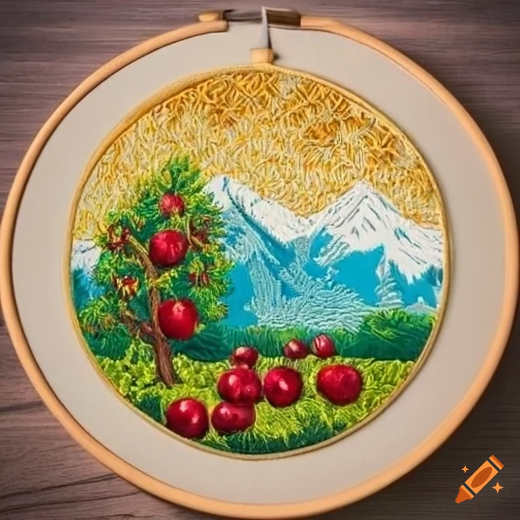Round embroidery of apple trees garden and mountains on Craiyon