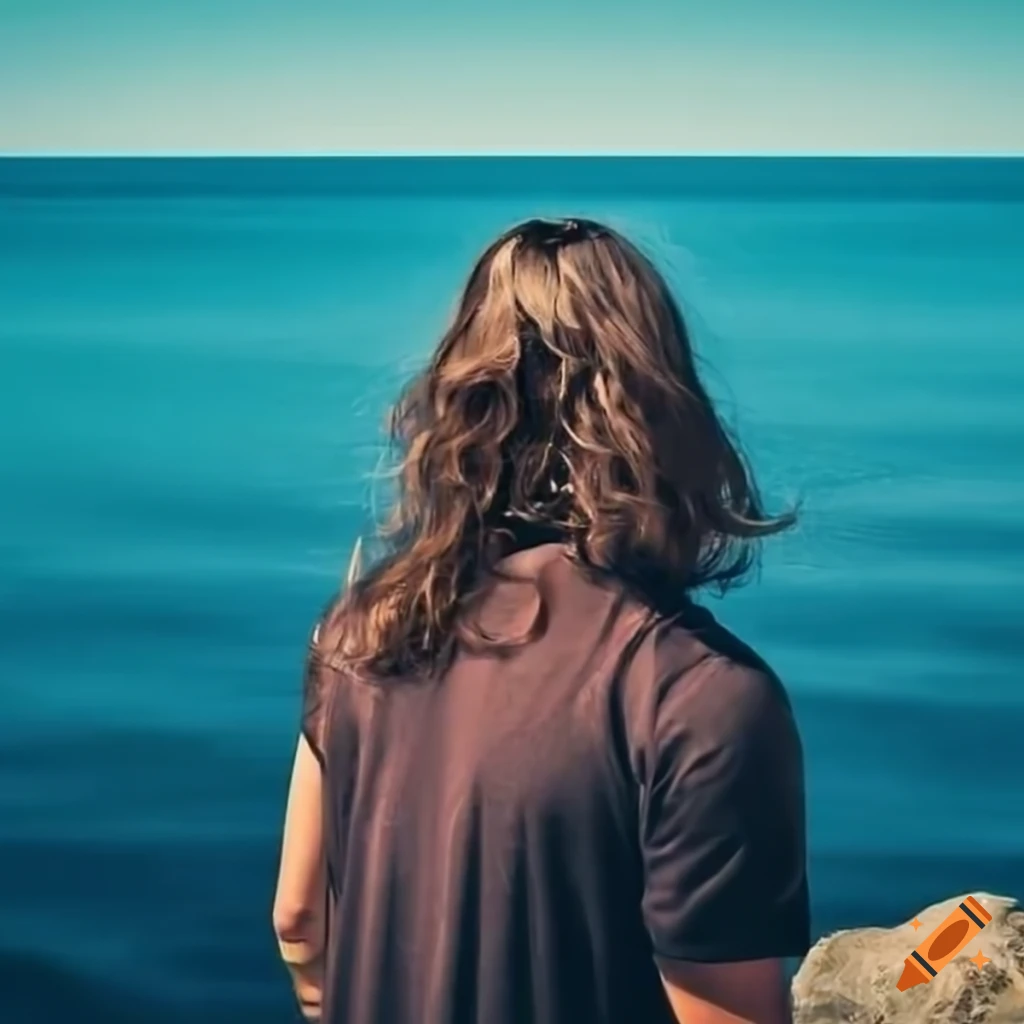 Young man with long hair admiring the view by the sea