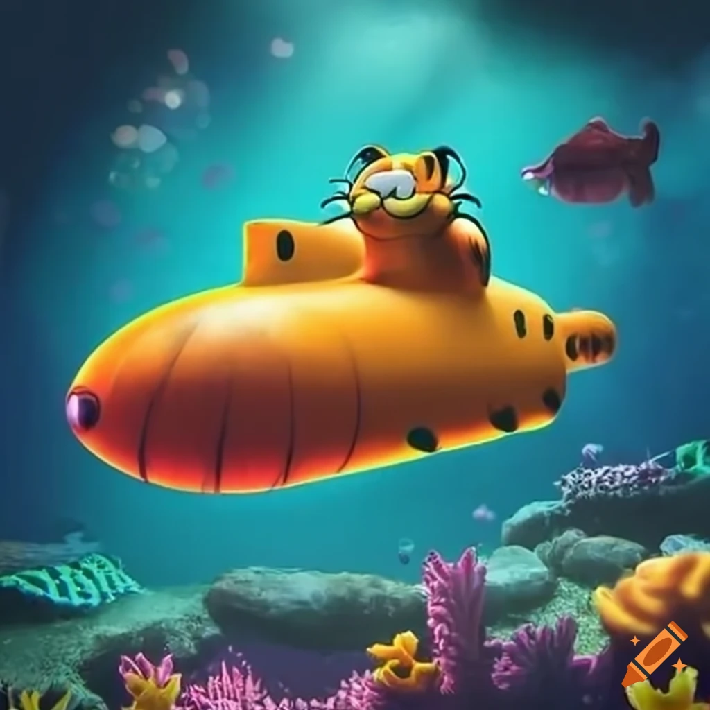 Garfield stuck in a submarine deep under the sea on Craiyon