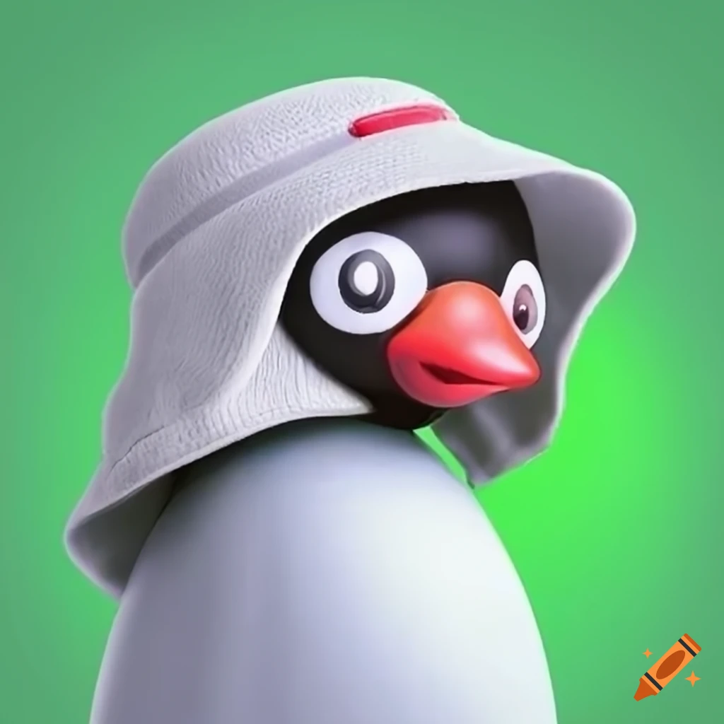 Pingu wearing a white bucket hat