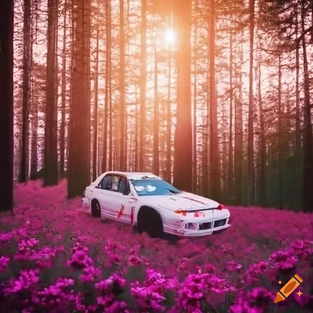 White Japanese racing car from the 90s standing in a clearing of pink ...