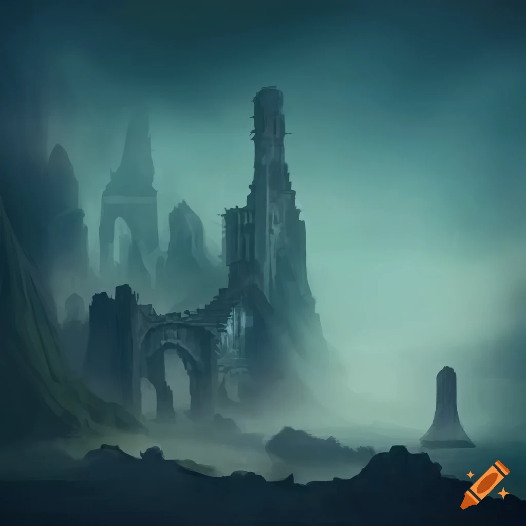 Mysterious fantasy landscape with ruins and mist on Craiyon