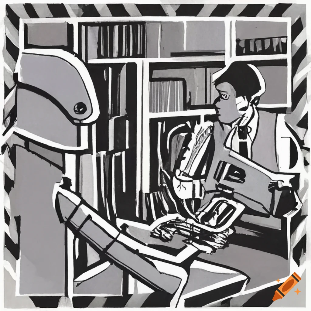 Midcentury style ink illustration of detectives Elijah Bailey and Robot ...