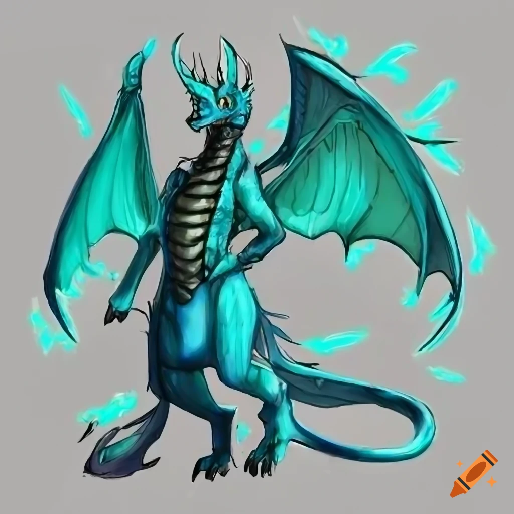 Drawing of an anthro cyan dragon with turquoise wings and black spikes ...