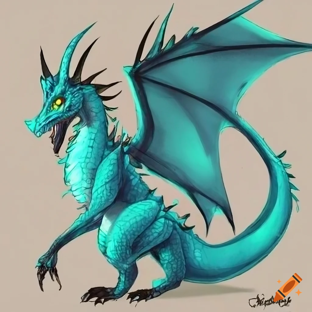 Drawing of an anthro cyan dragon with turquoise wings and black spikes ...