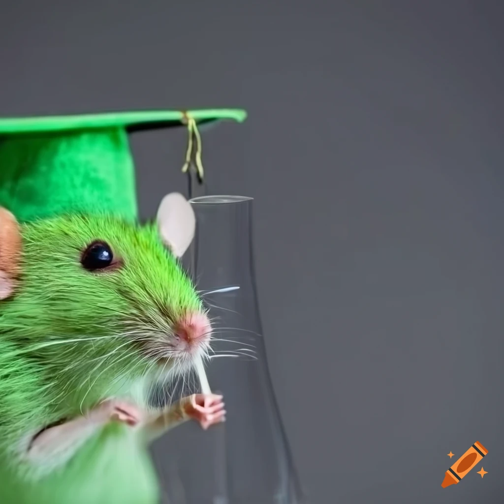 A green mouse wearing a graduation hat with laboratory glassware background
