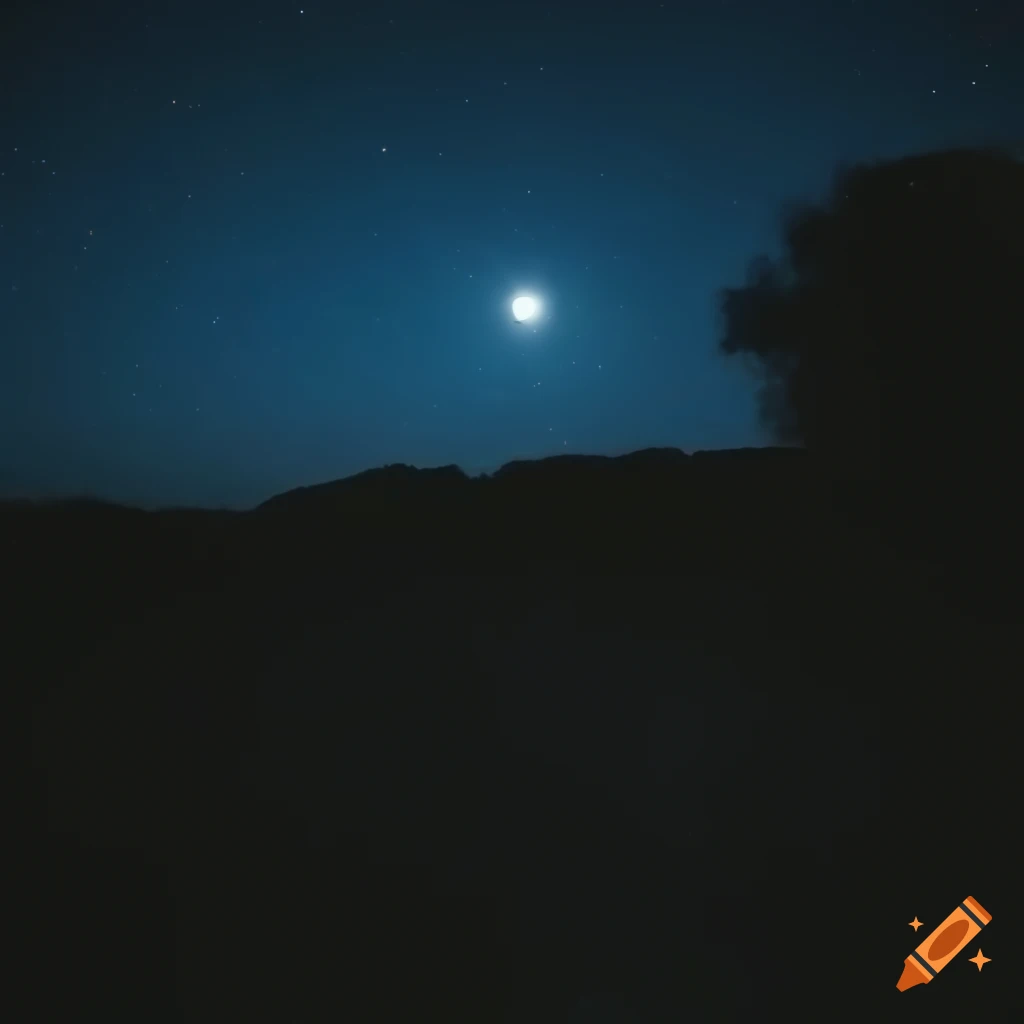 Landscape of a half moon in the rural night sky from afar, taken from dream