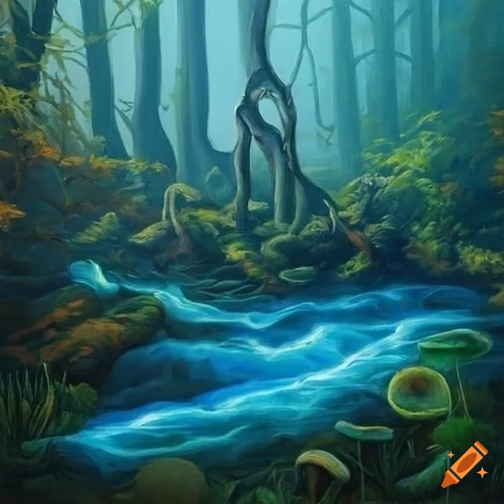 Fantastical view of a mysterious forest with bioluminescent fungi and ...
