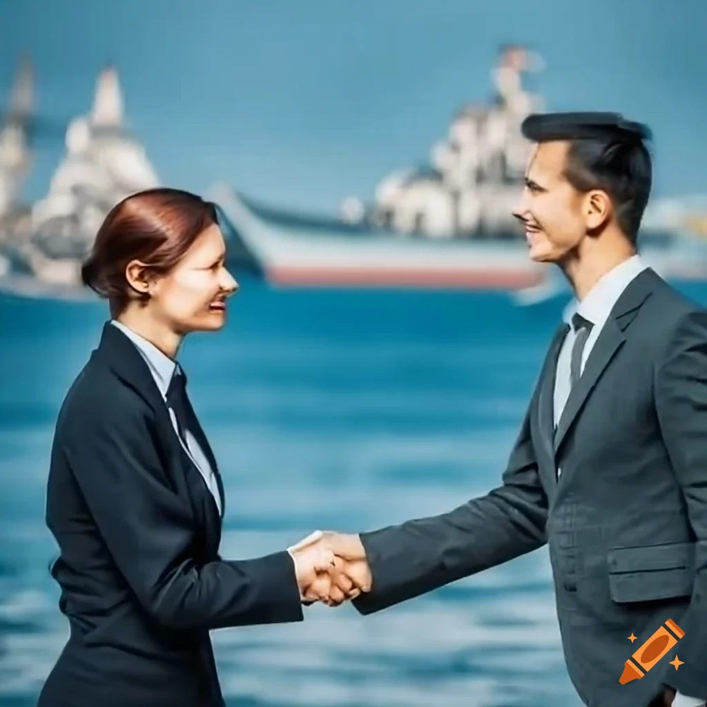 Two business people shaking hands on the waterfront with a navy ship in ...