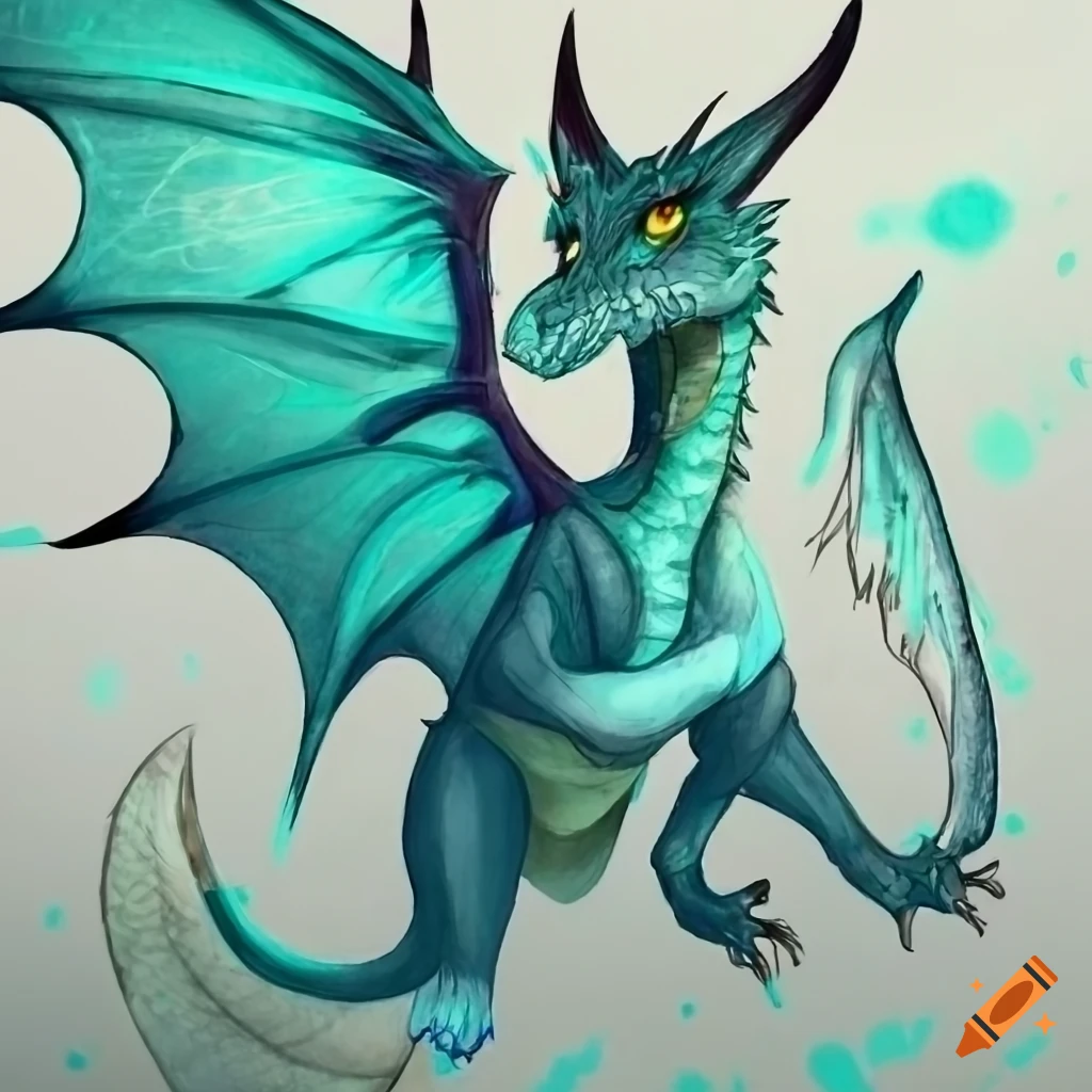 Drawing of an anthro cyan dragon with turquoise wings and black spikes ...