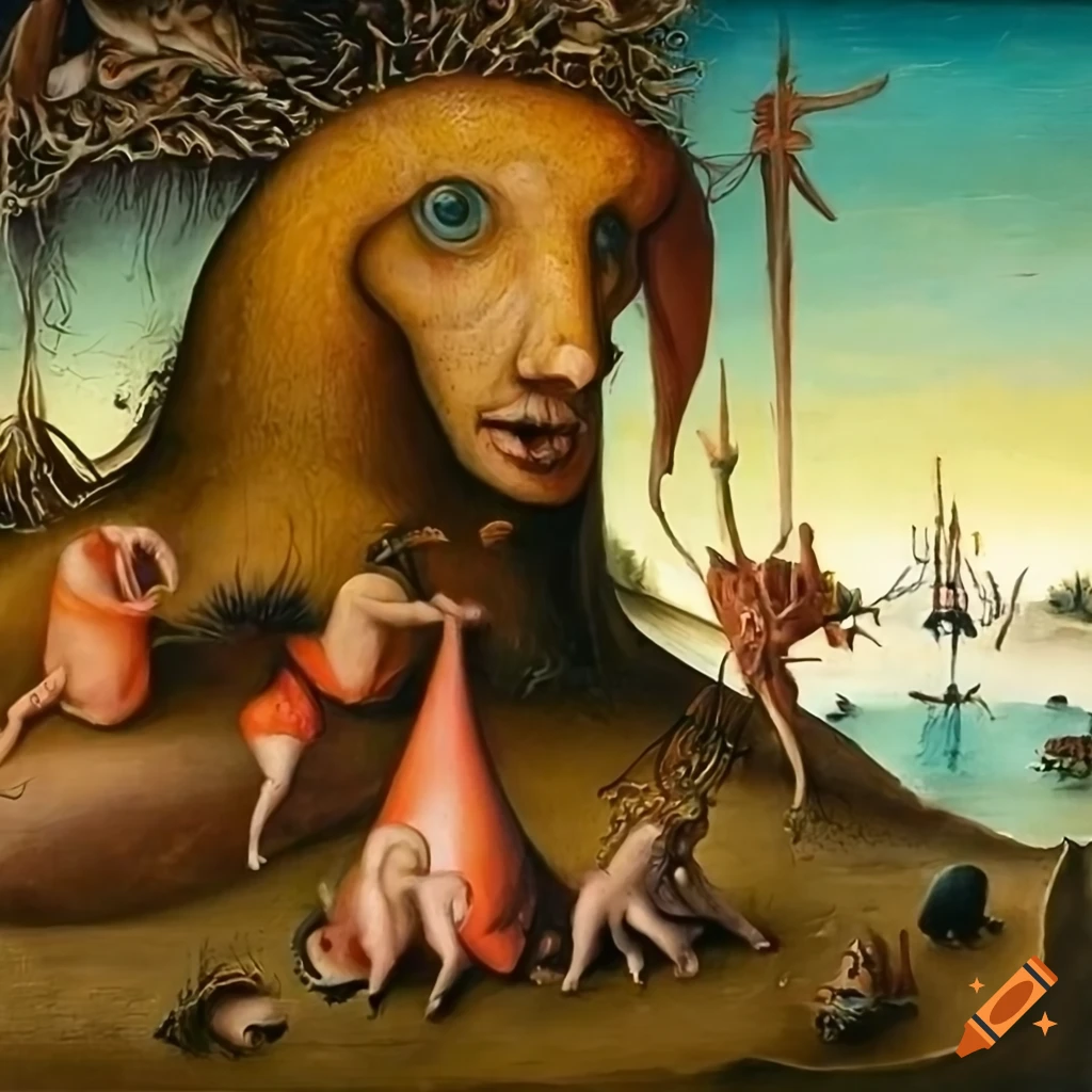 Oil painting with surrealist and hyeronimus bosch inspired creatures ...