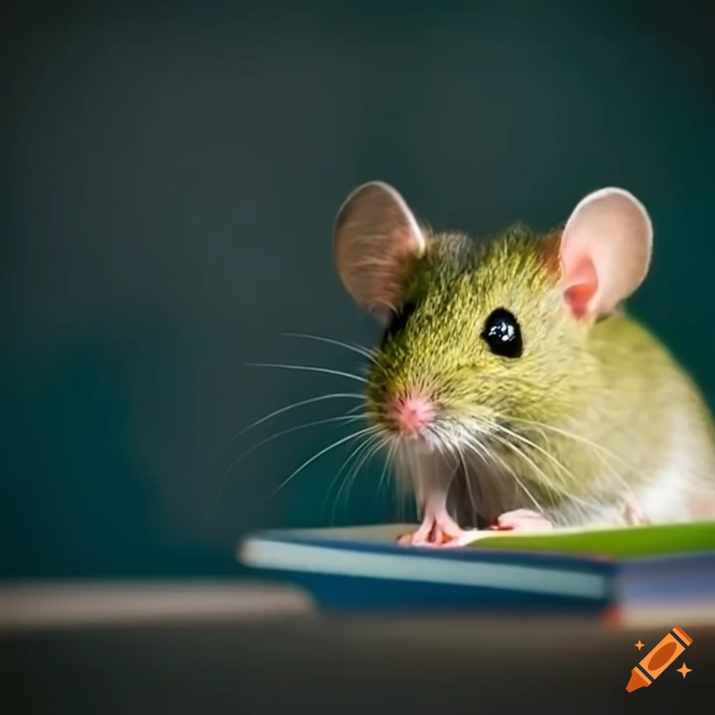 A green mouse focused on reading a blue book