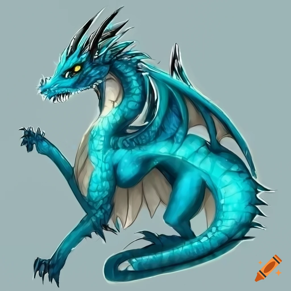Drawing of an anthro cyan dragon with turquoise wings and black spikes ...