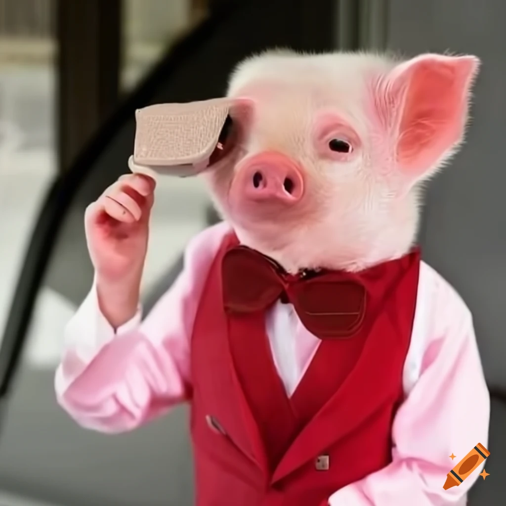 A cute pig wearing a fancy suit and carrying a briefcase