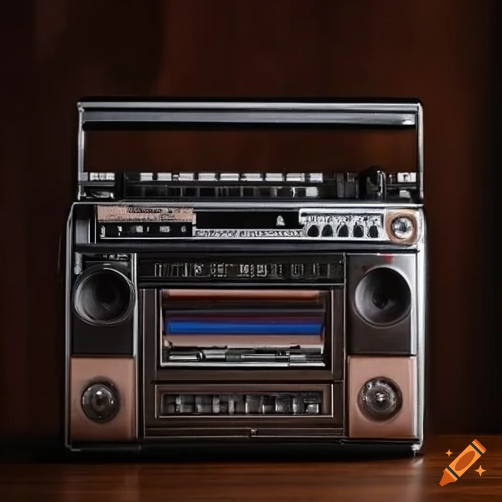 Retro photo of a cassette boom box built with cans on Craiyon