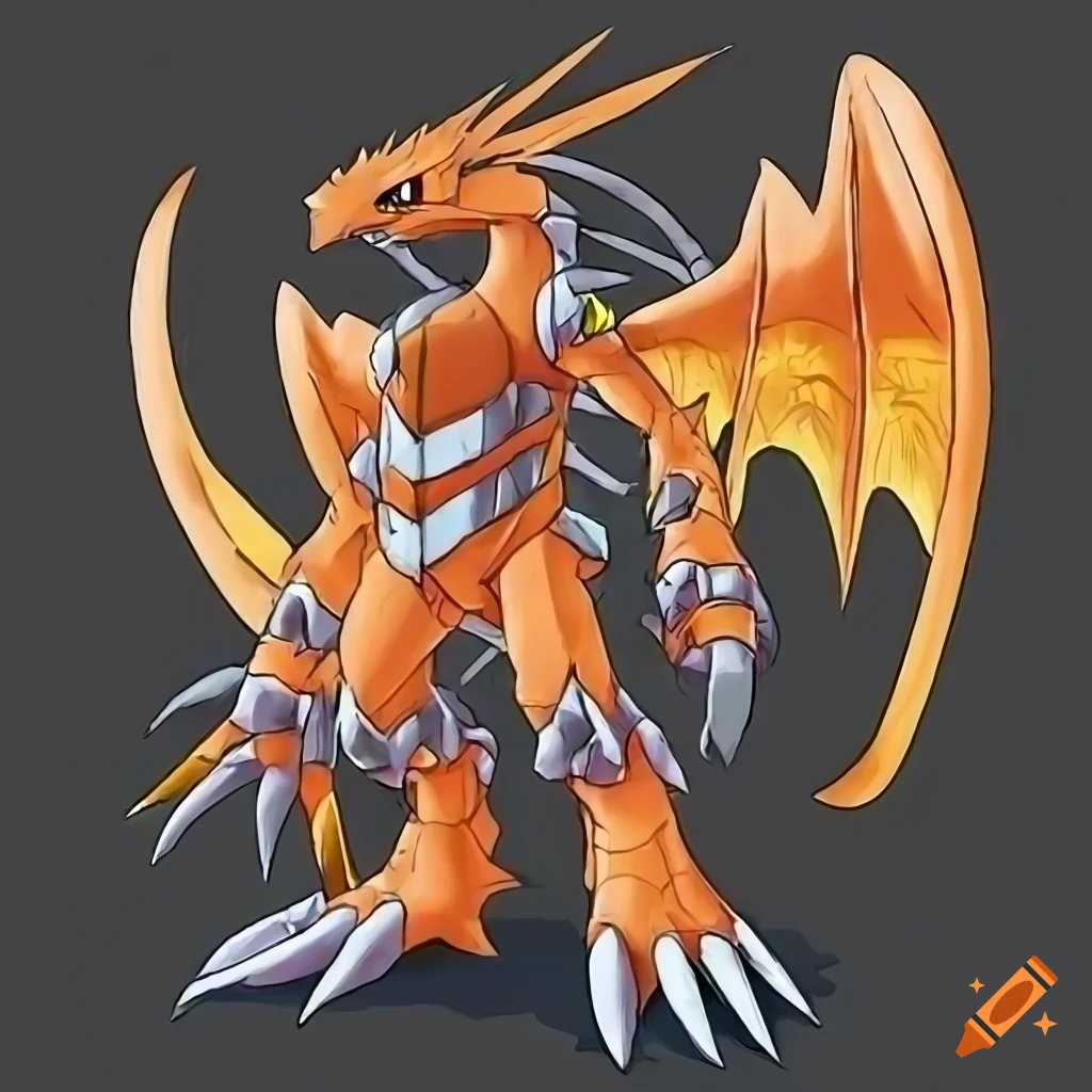 Orange solar dragon digimon in the style of the digimon art
