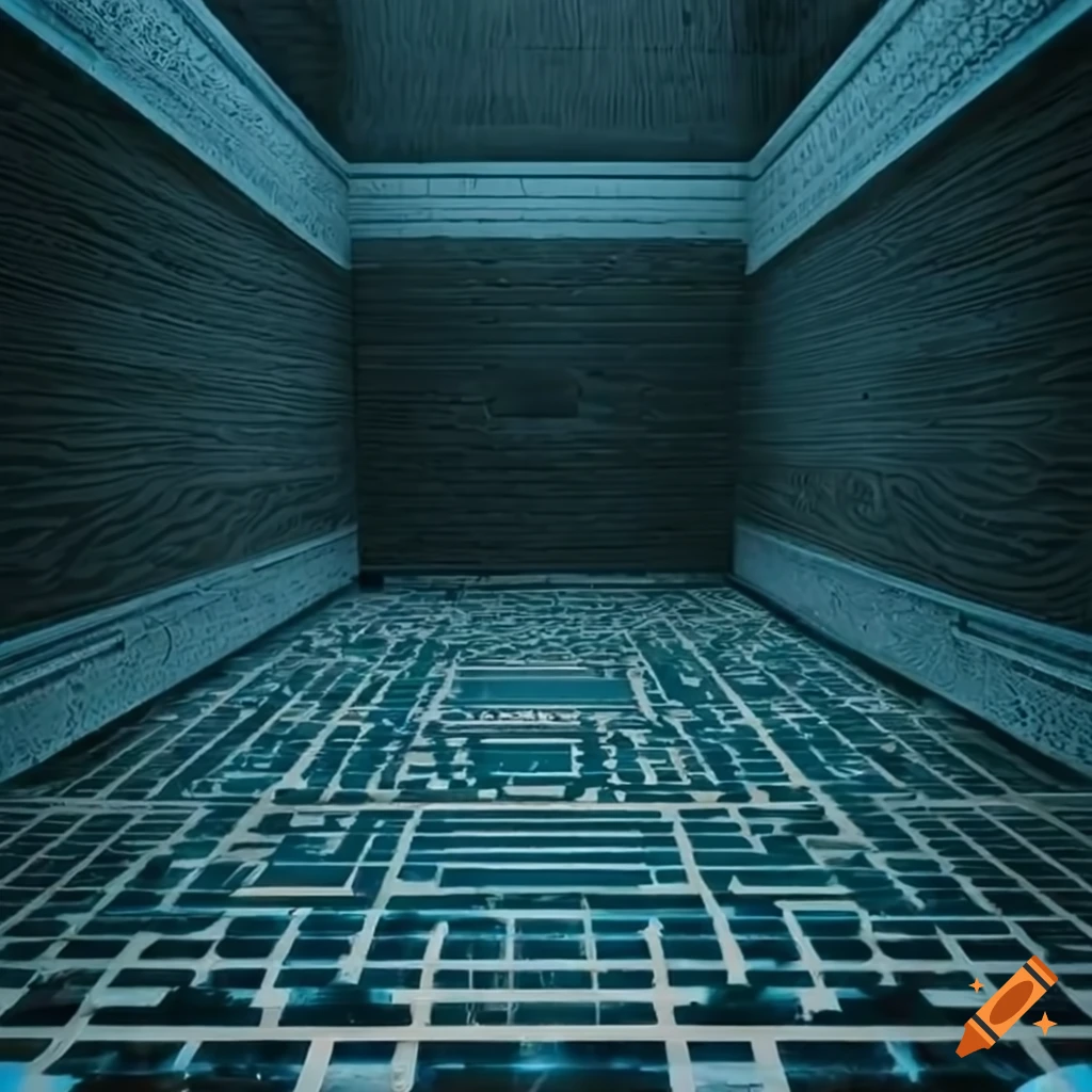 A maze with tiled floor and ceiling and walls filled 1/4 with water on ...
